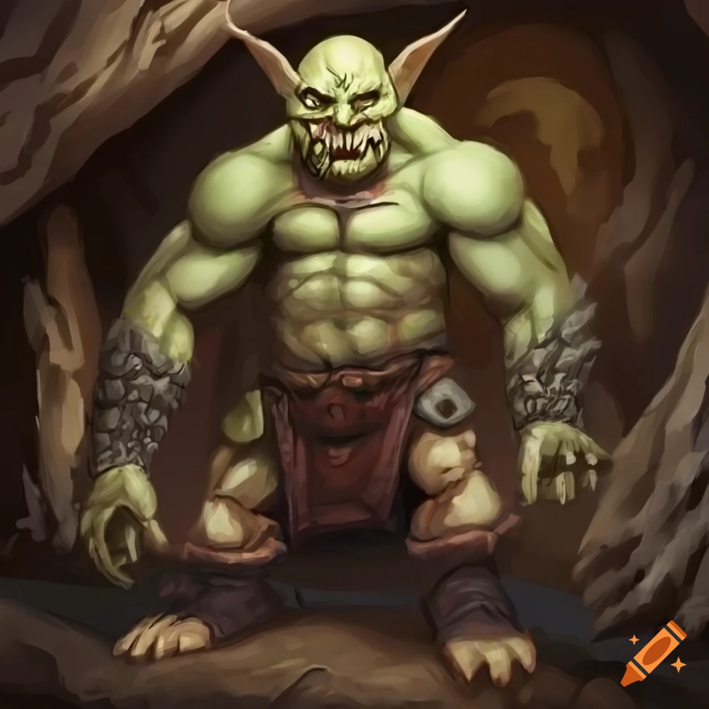 Muscular goblin guarding a cavern in fantasy art style on Craiyon