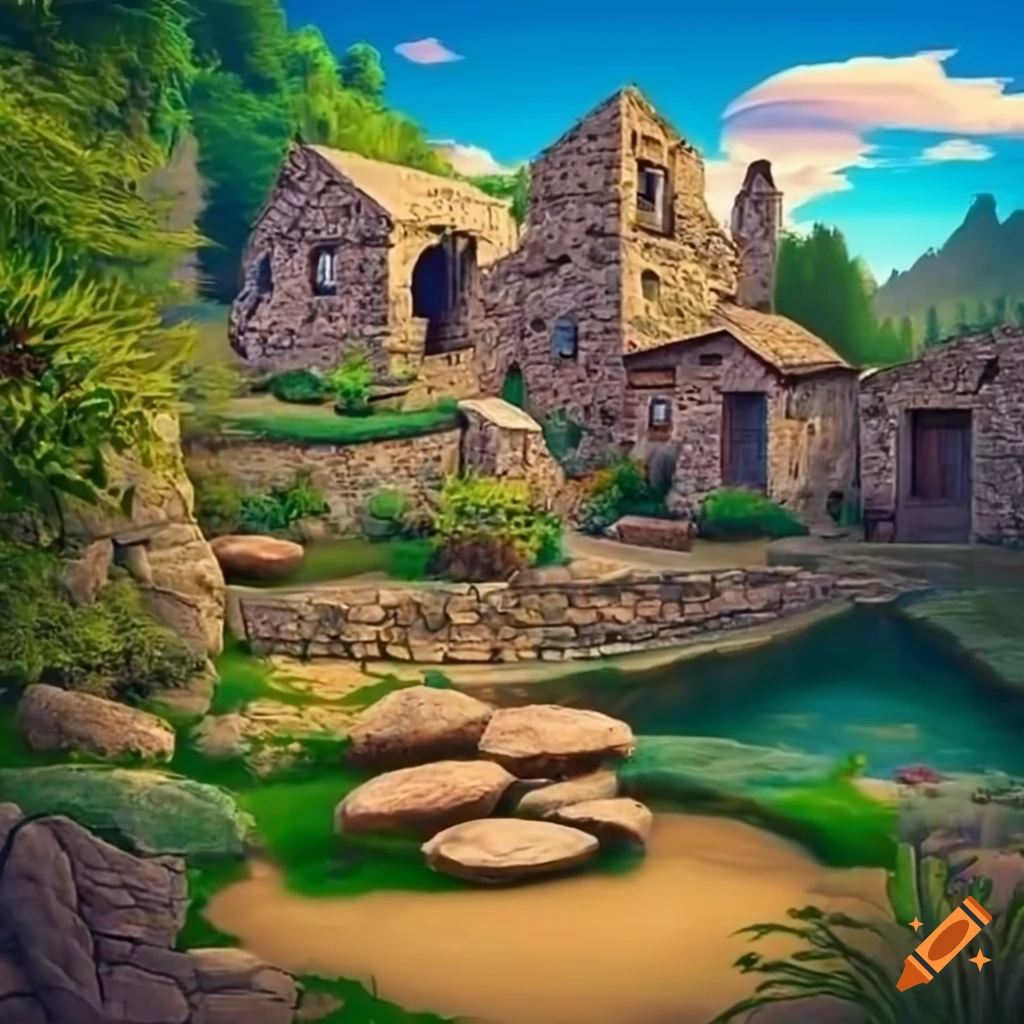 Imaginative stone houses in a transformed barren landscape with magical ...