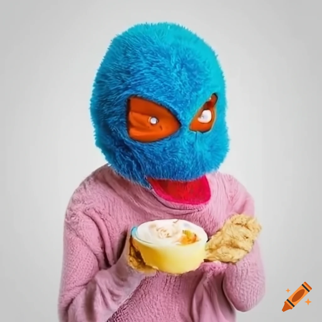 Ski mask puppet having breakfast with fluffy worm creatures on Craiyon
