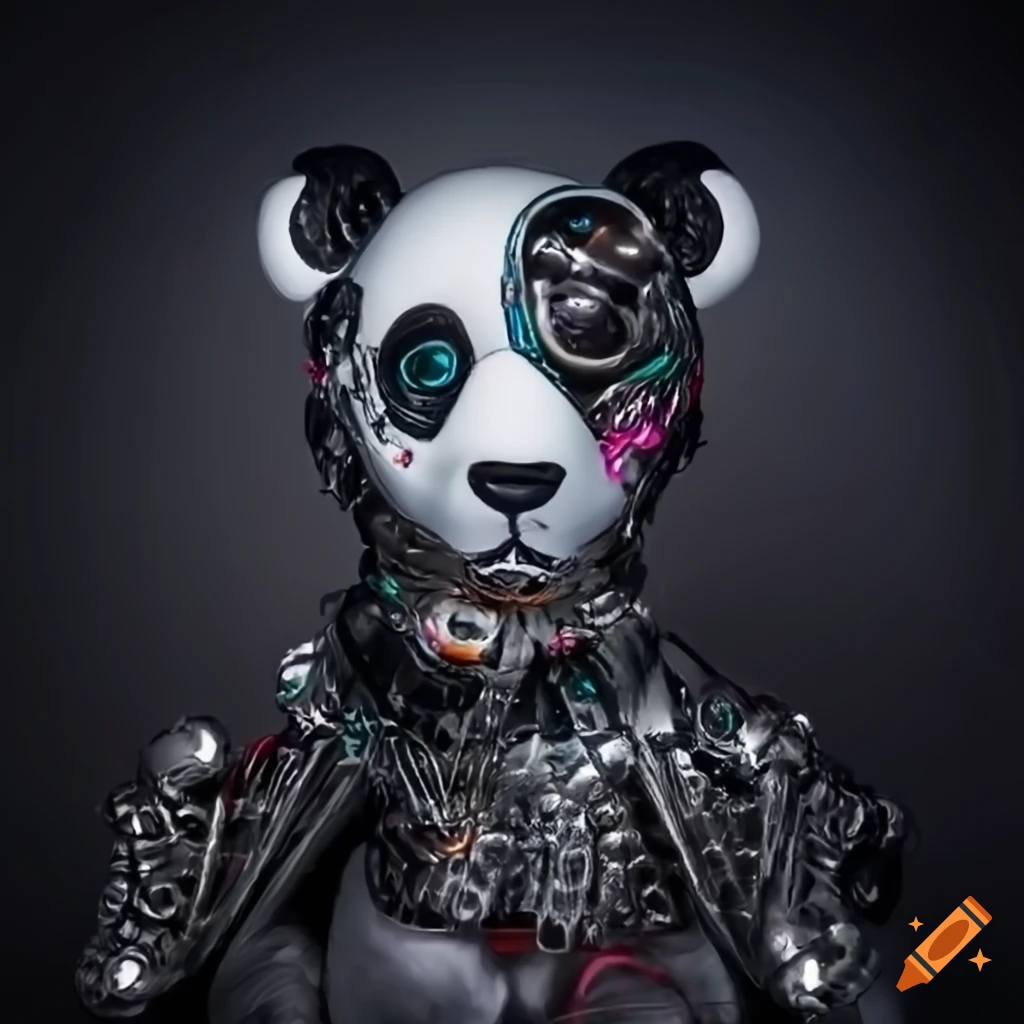 Cyborg panda with balloons in the background on Craiyon