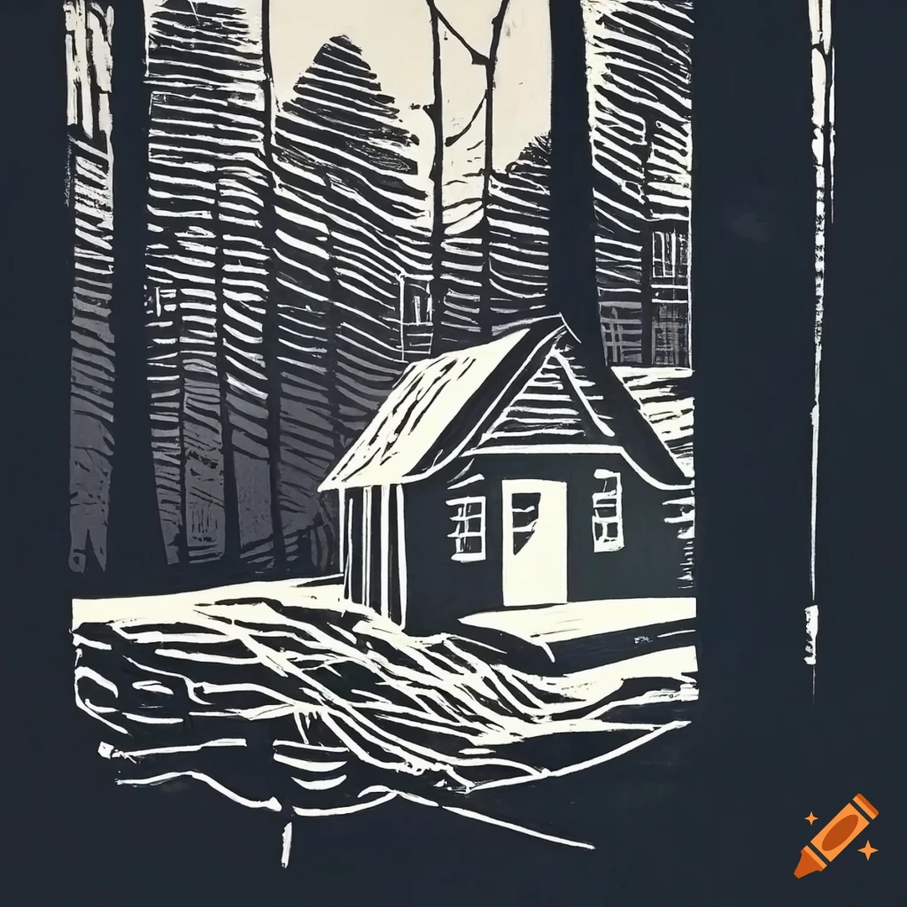 Grayscale high contrast linocut cabin in the woods on Craiyon