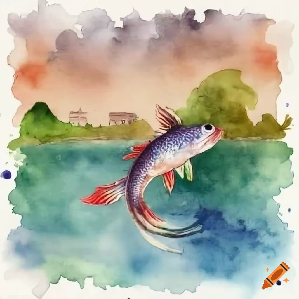 Fish jumping from a flowing river with traditional chinese pagoda in ...