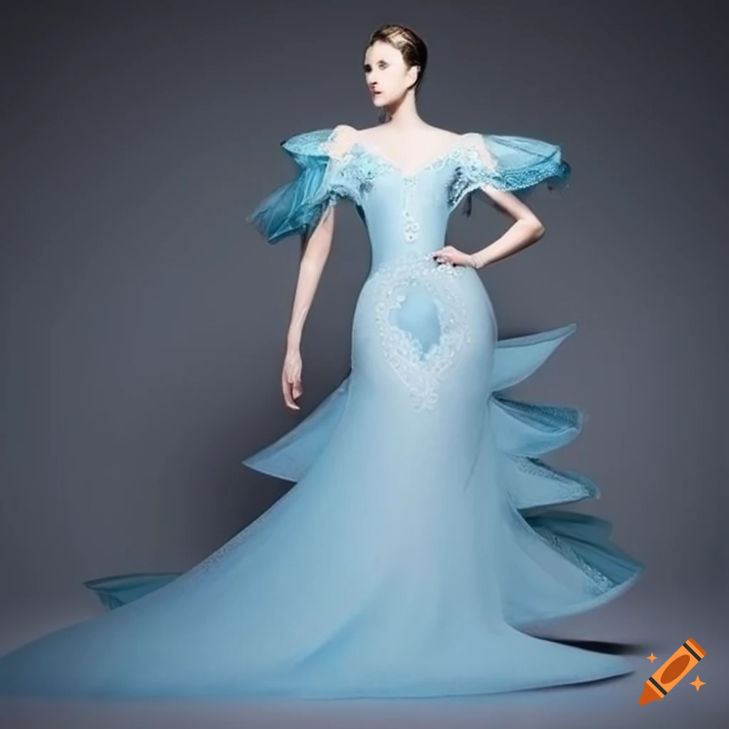 Stunning haute couture light blue dress with intricate pattern on Craiyon