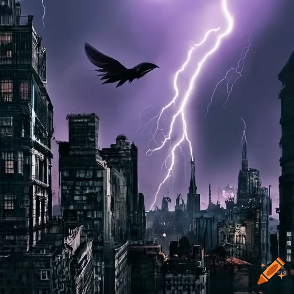 Apocalyptic city with ravens and lightning on Craiyon