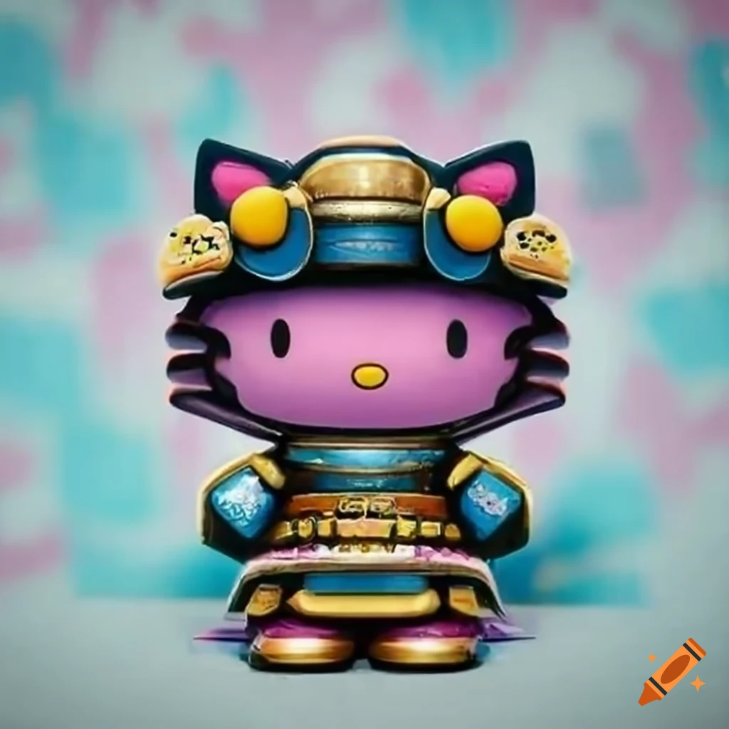 Adorable hello kitty in armor suit on a colorful japanese game screen ...