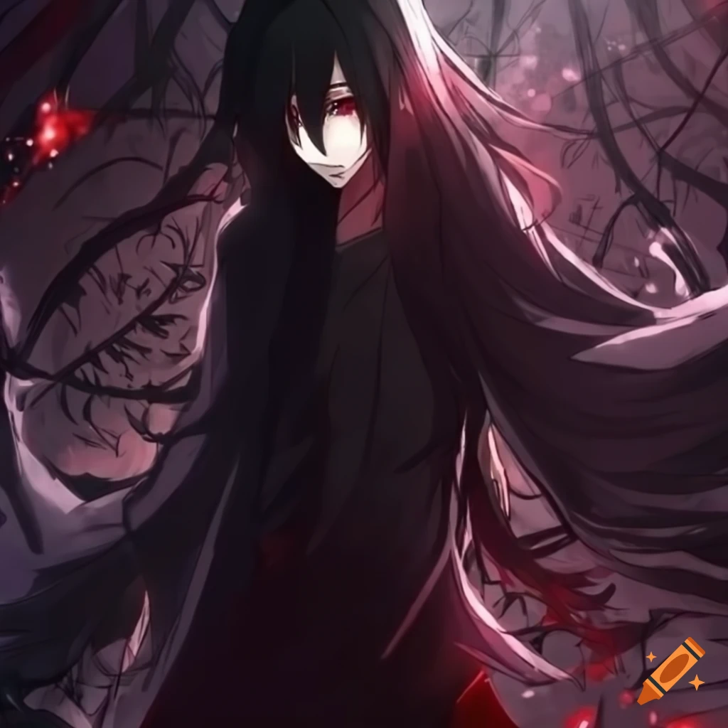 Decaying anime boy with long black hair and red eyes on Craiyon