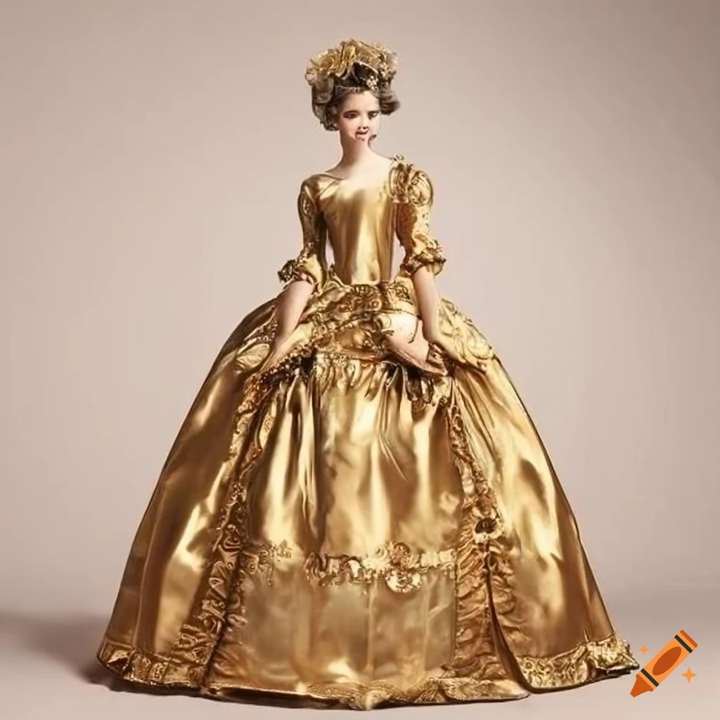 Magnificent gold satin rococo dress in full body on Craiyon