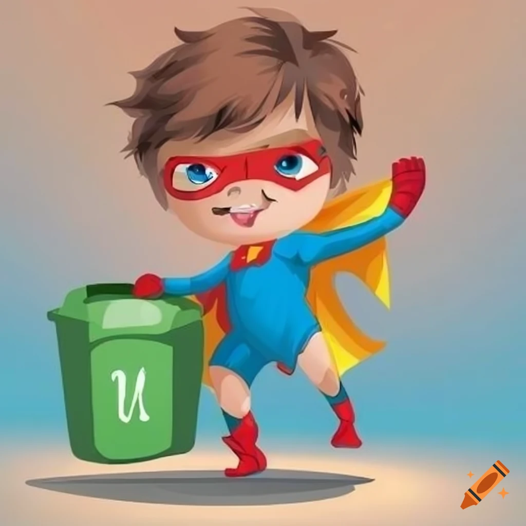 Cute illustration of a young superhero with a trash can on Craiyon