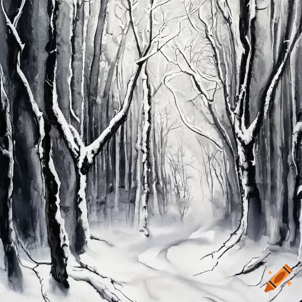 Ink drawing of winter walking trail through the forest on Craiyon