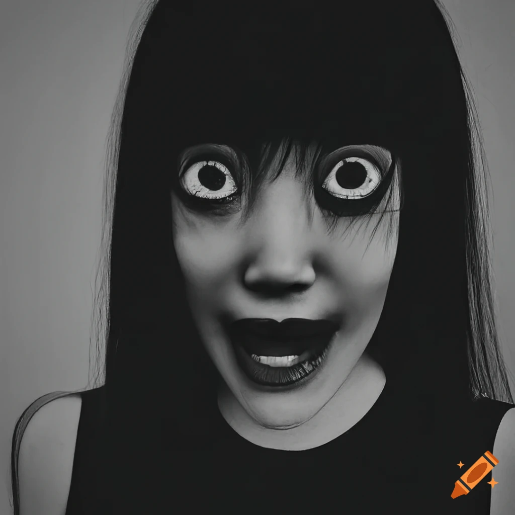 Tomie lookalike with wretched smile in black and white on Craiyon