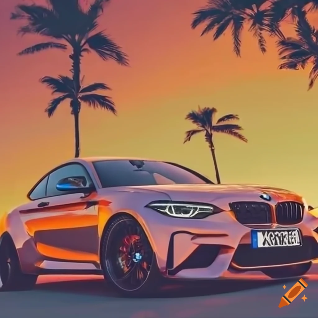 Bmw m2 competition driving into the sunset with a retro vibe and palm ...
