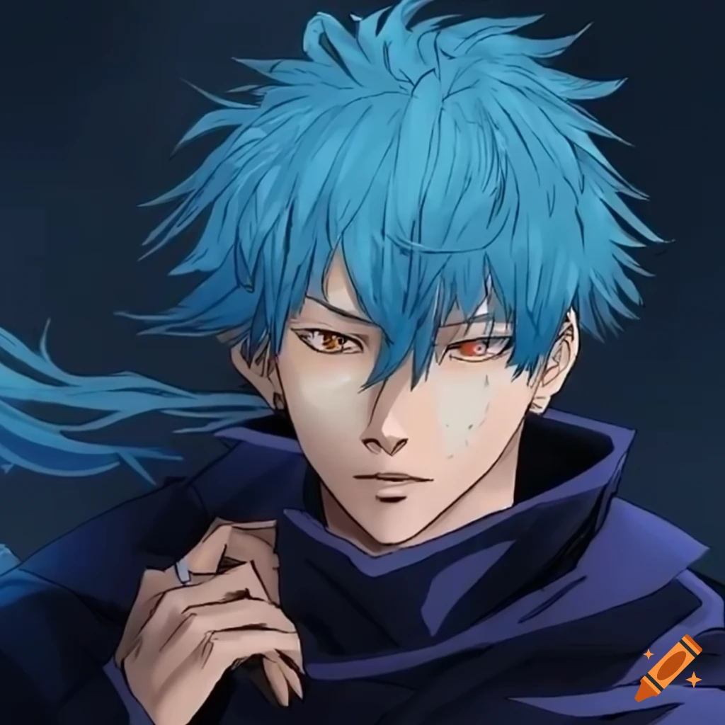 Blue-haired male persona with scars inspired by Jujutsu Kaisen on Craiyon