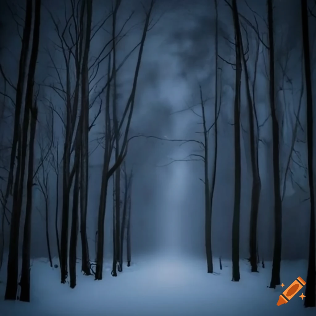 Moonlit forest clearing on a winter night with falling snowflakes on ...