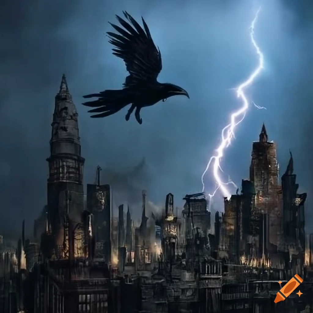 Apocalyptic city with ravens and lightning on Craiyon