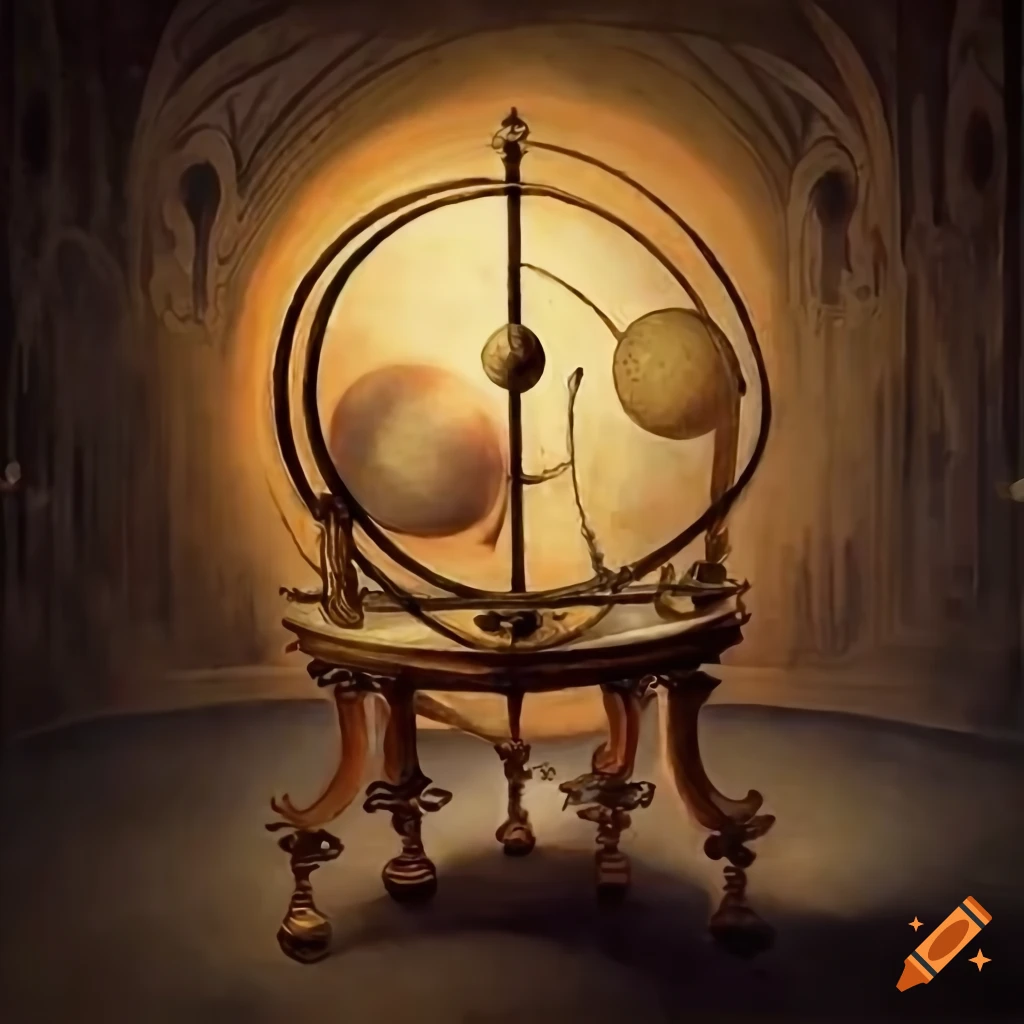Detailed orrery in a medieval painting with stars in the distance by da ...