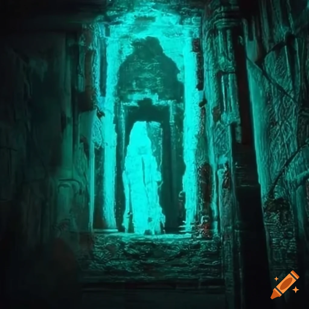 Dilapidated alien temple wall with mysterious glowing glyphs on Craiyon