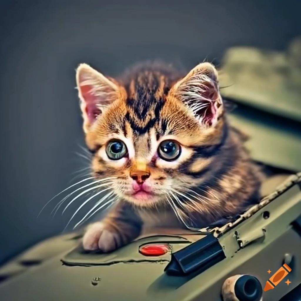 Cute kitten in an army tank on Craiyon