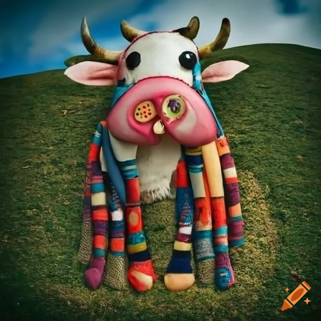 Surreal cow made of socks and buttons on a hill on Craiyon