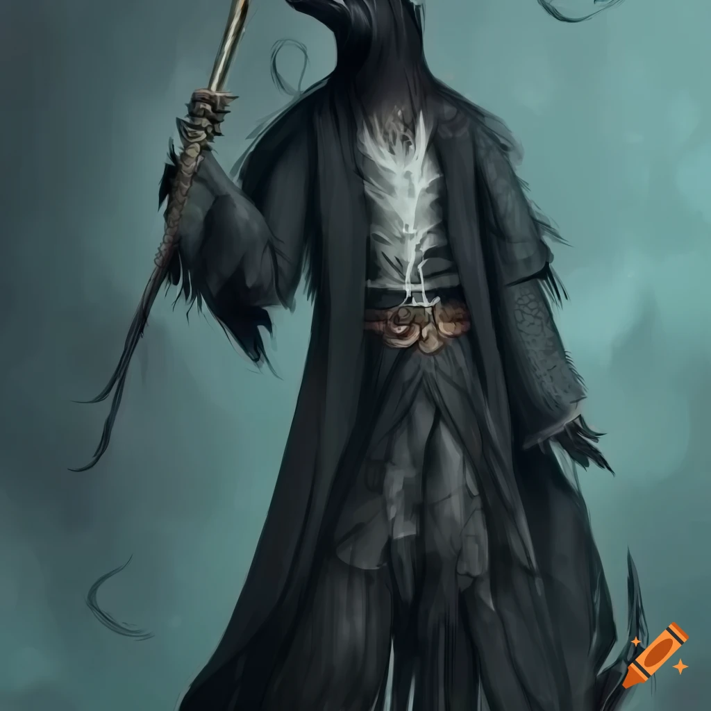 Fantasy humanoid with crow-like features and pirate attire holding a ...
