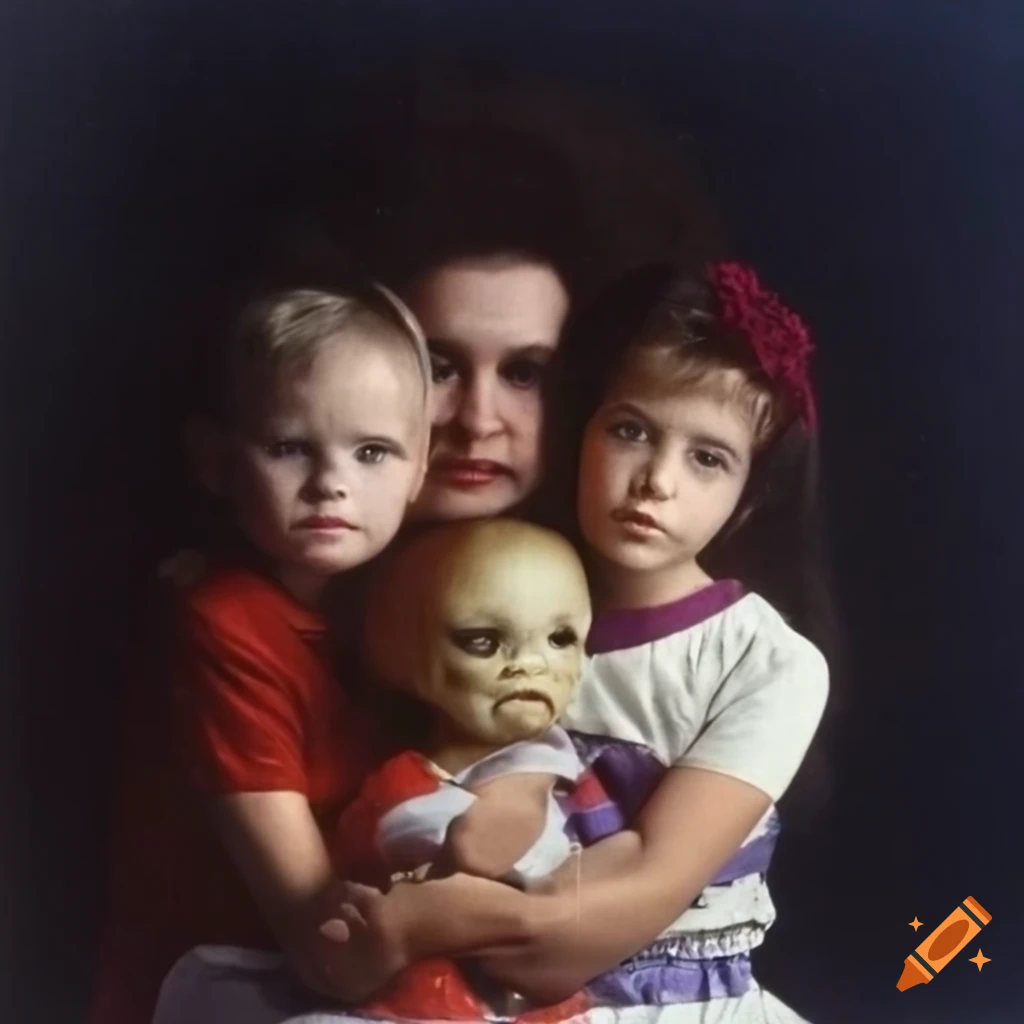 Vintage 1980s portrait of an alien family wearing clothes on Craiyon