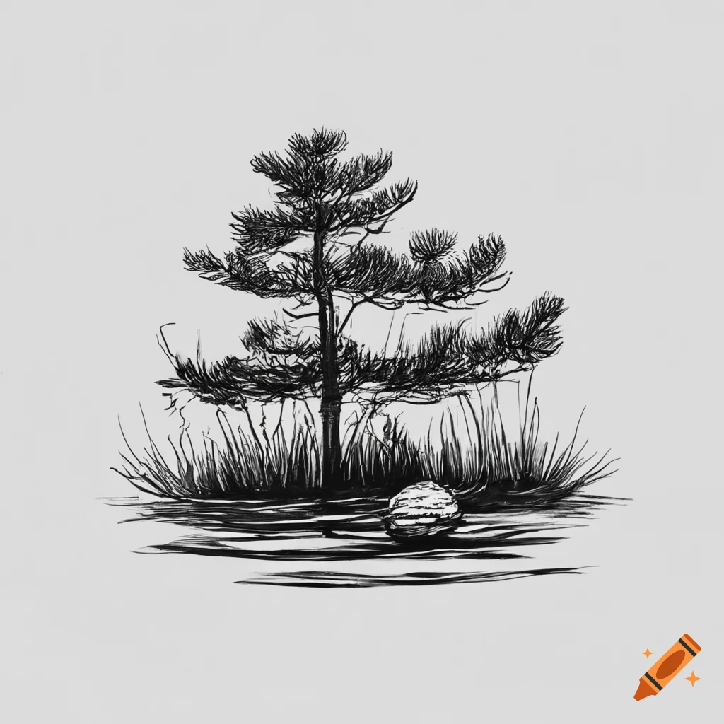Black and white sketch of pond with pinus rigida on Craiyon