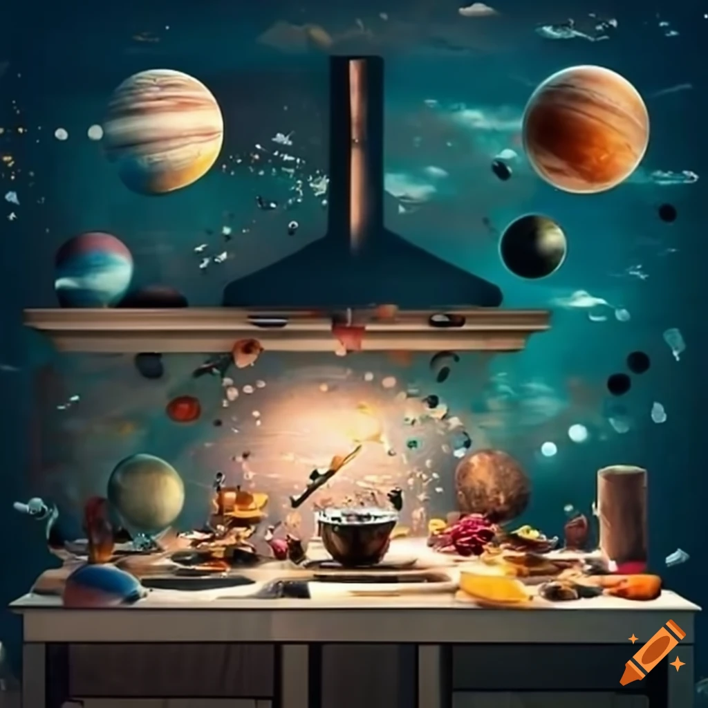 Underwater kitchen with planets and clocks on Craiyon