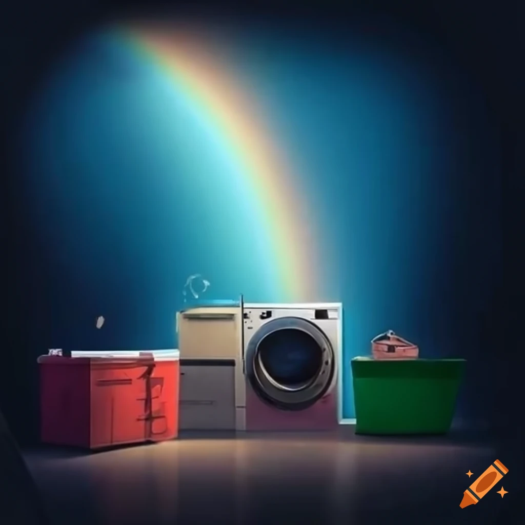 Laundry room with storm and rainbow outside, colorful clothes in washer ...