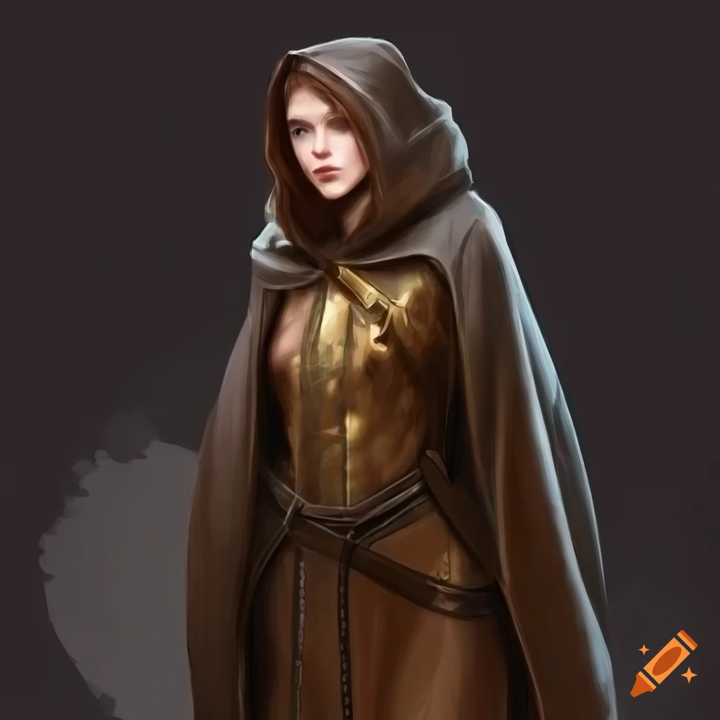 Concept art of a young rogue woman with brown hair, brown eyes, and ...