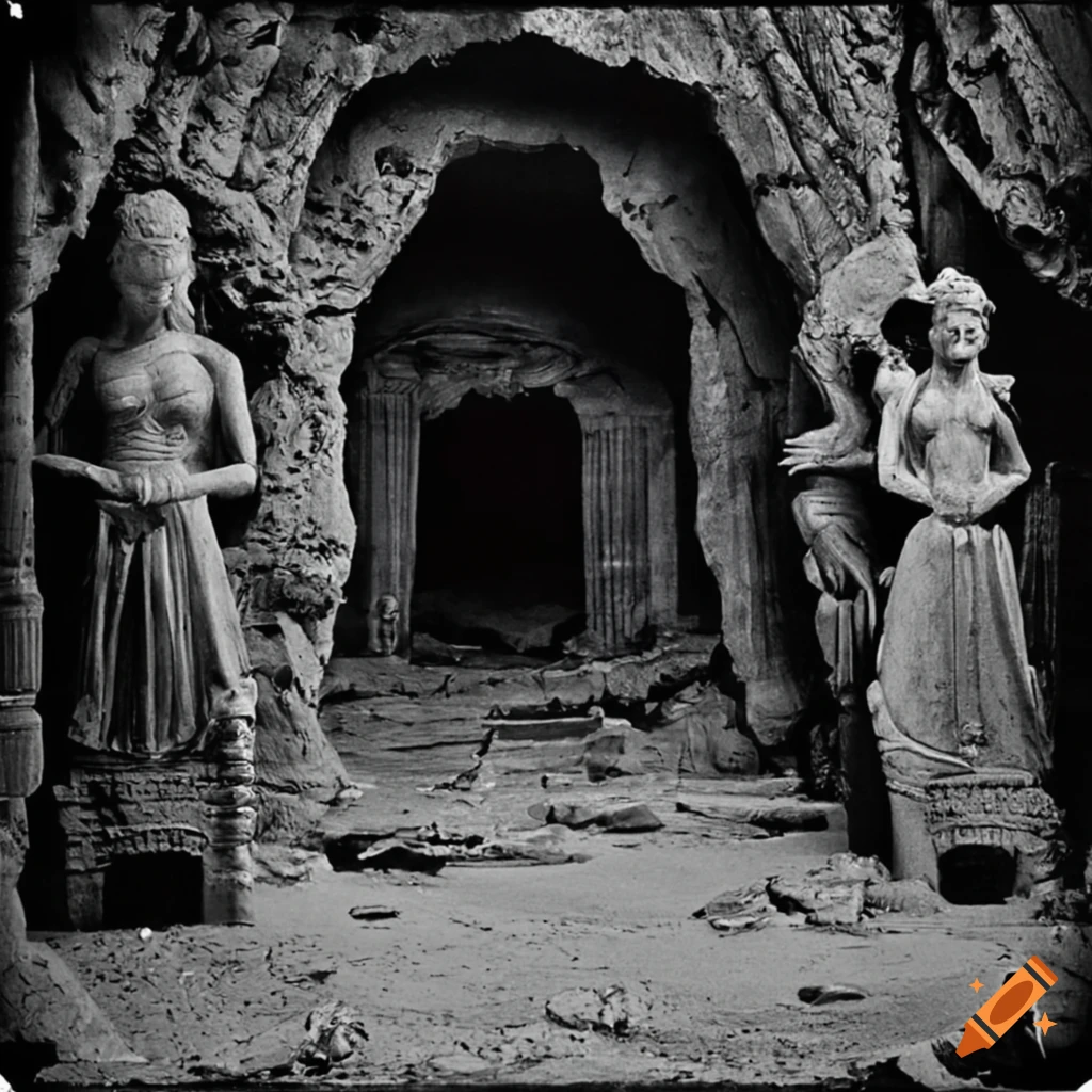 Scene From 1988 Dark Fantasy Film Featuring A Bat Cave Deity Temple And Statues On Craiyon