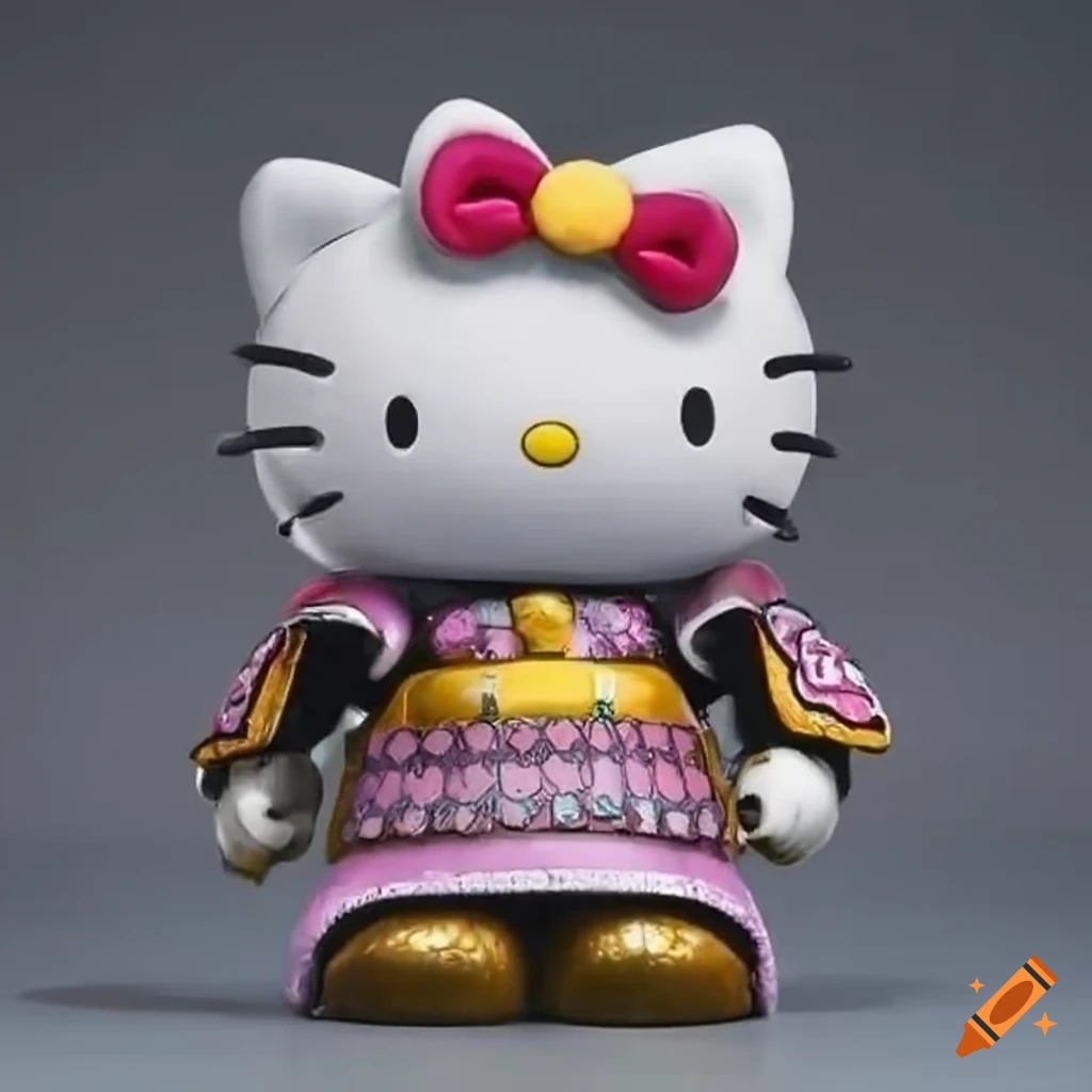 Adorable Hello Kitty in armor suit on a colorful Japanese game screen ...