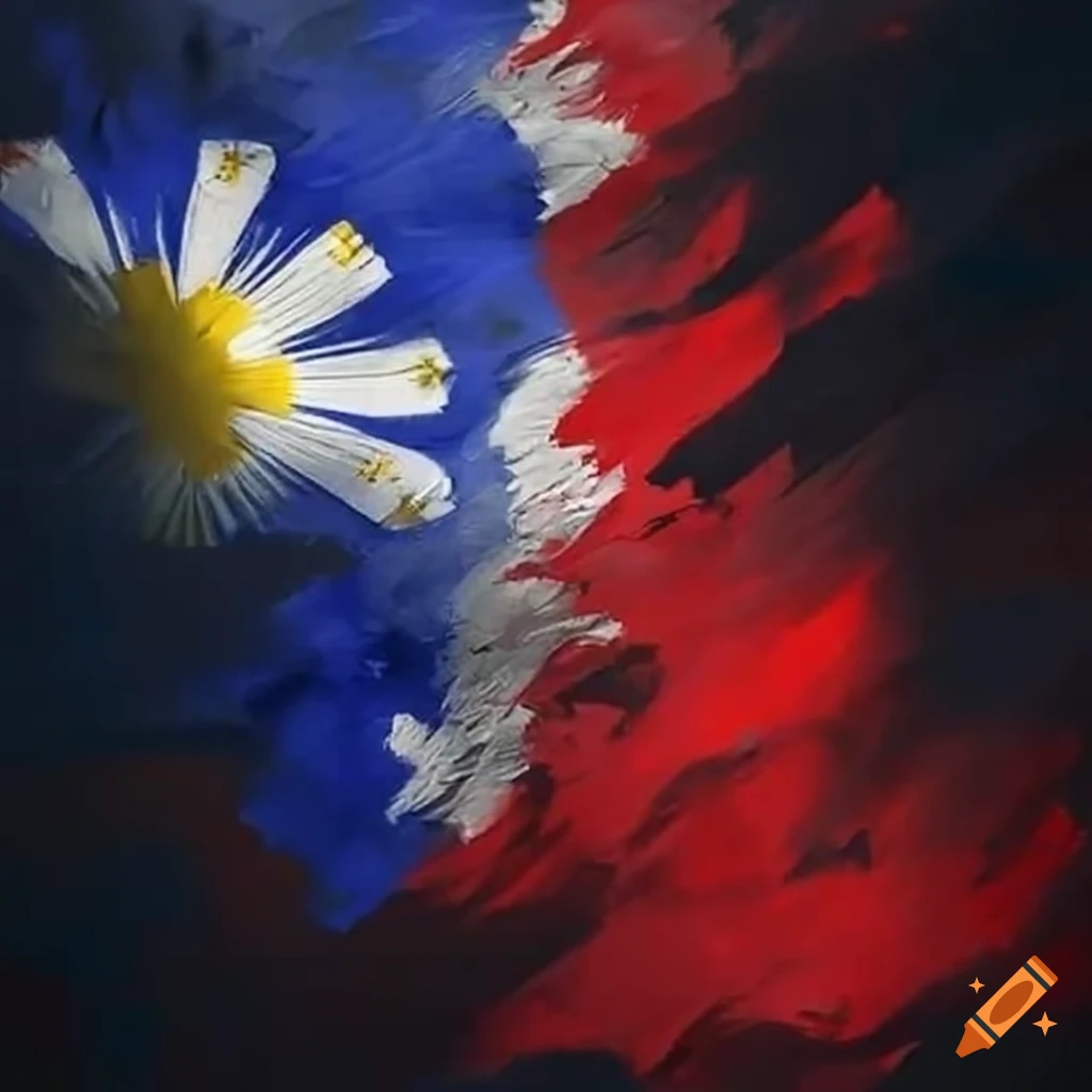 Philippine flag rising with destruction in the background on Craiyon