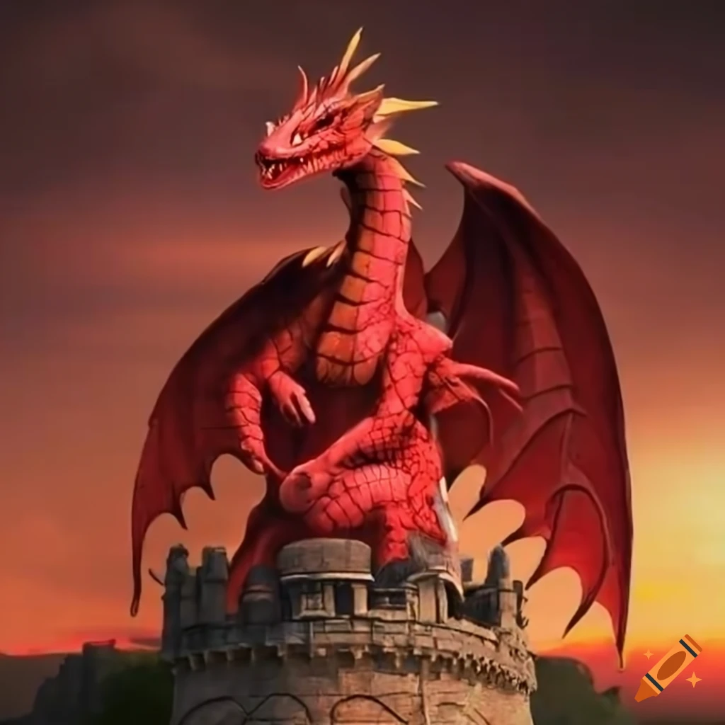 Red dragon perched on a castle on Craiyon
