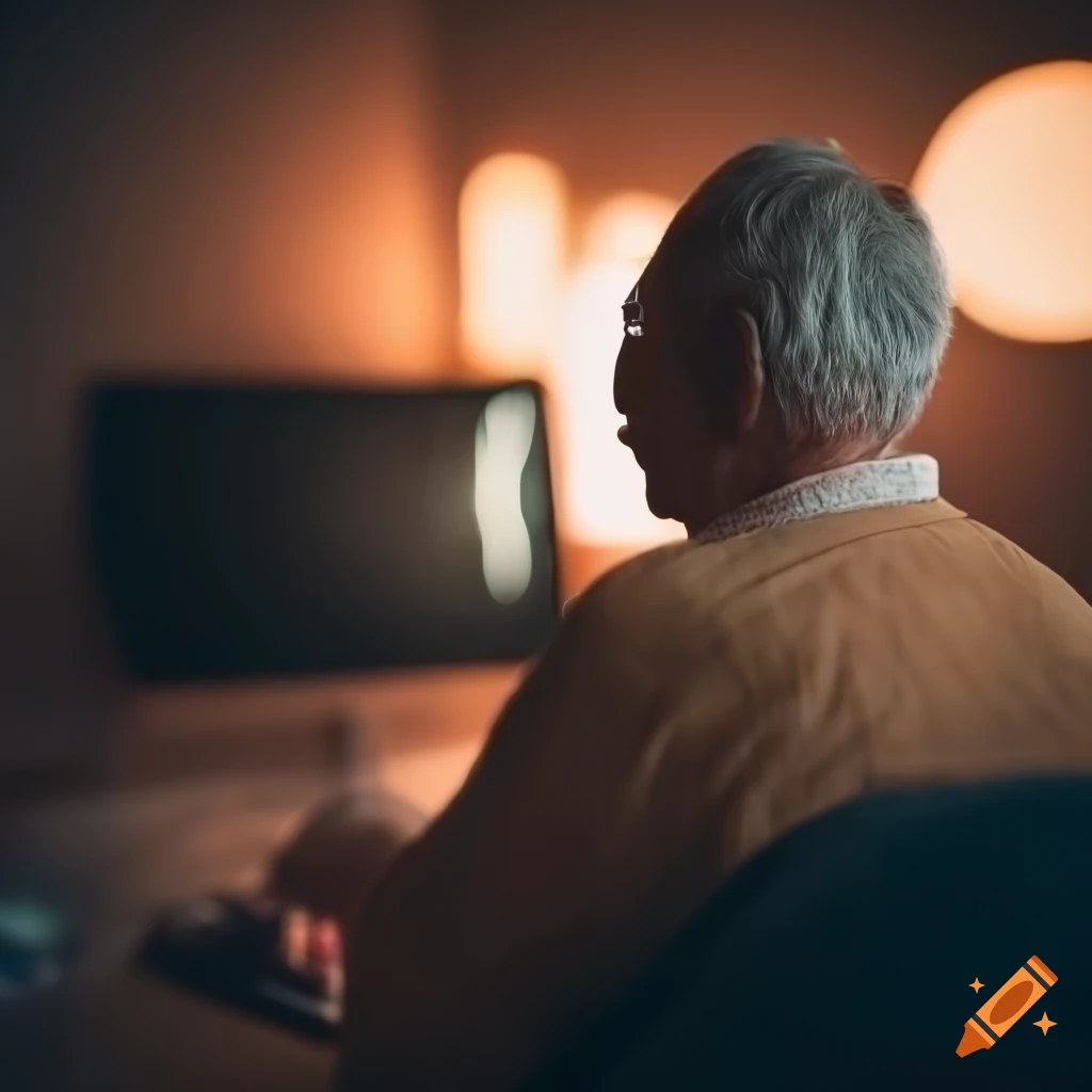 Old man sitting in front of desktop computer in a dark room on Craiyon
