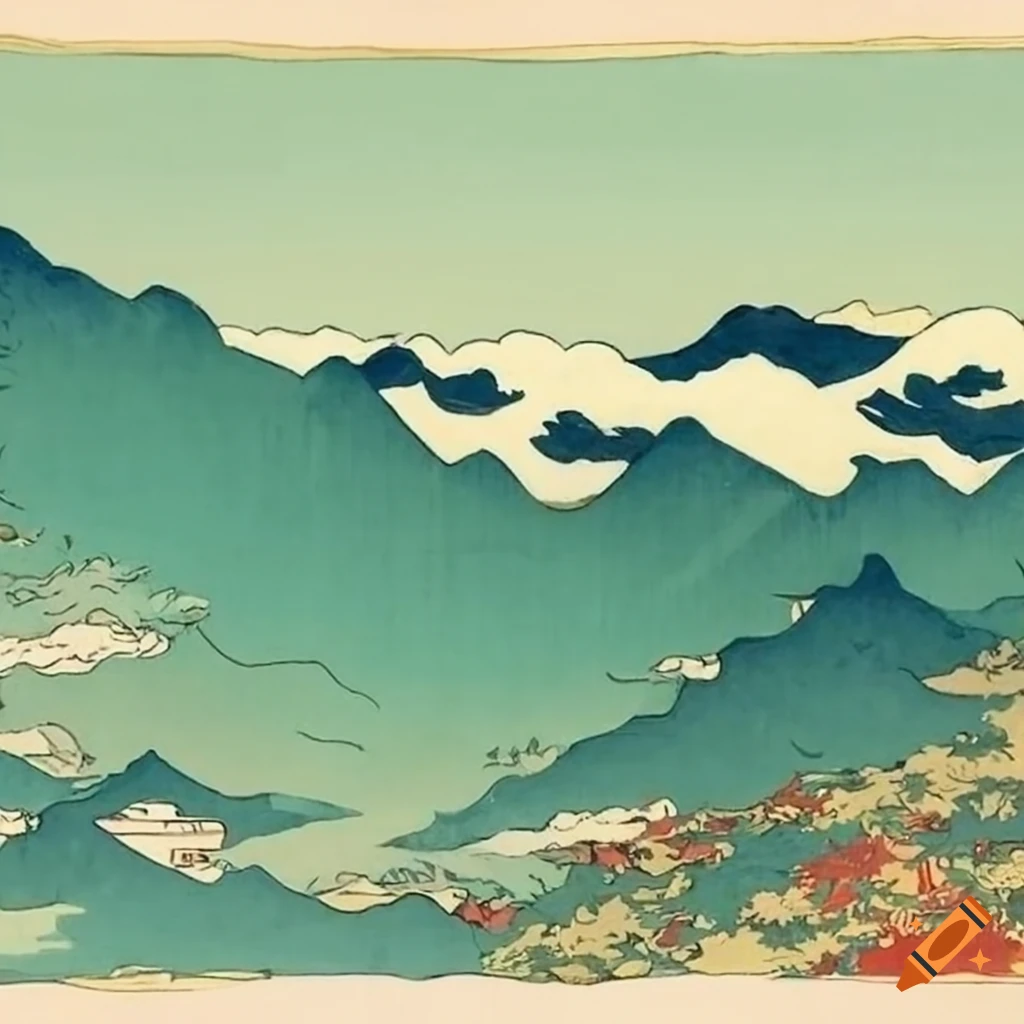 Green mountain above the clouds in ukiyo-e style painting on Craiyon