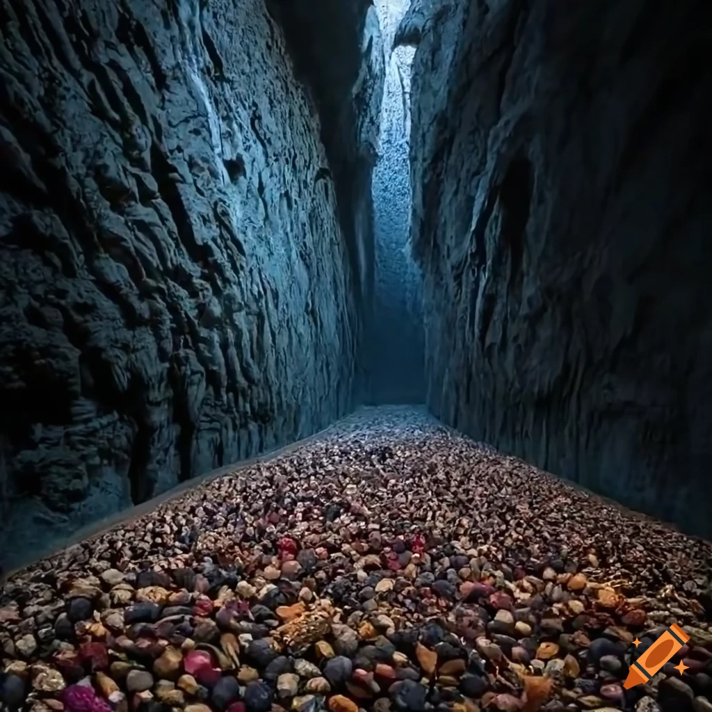 Wide underground cavern with tall piles of food including berries and ...