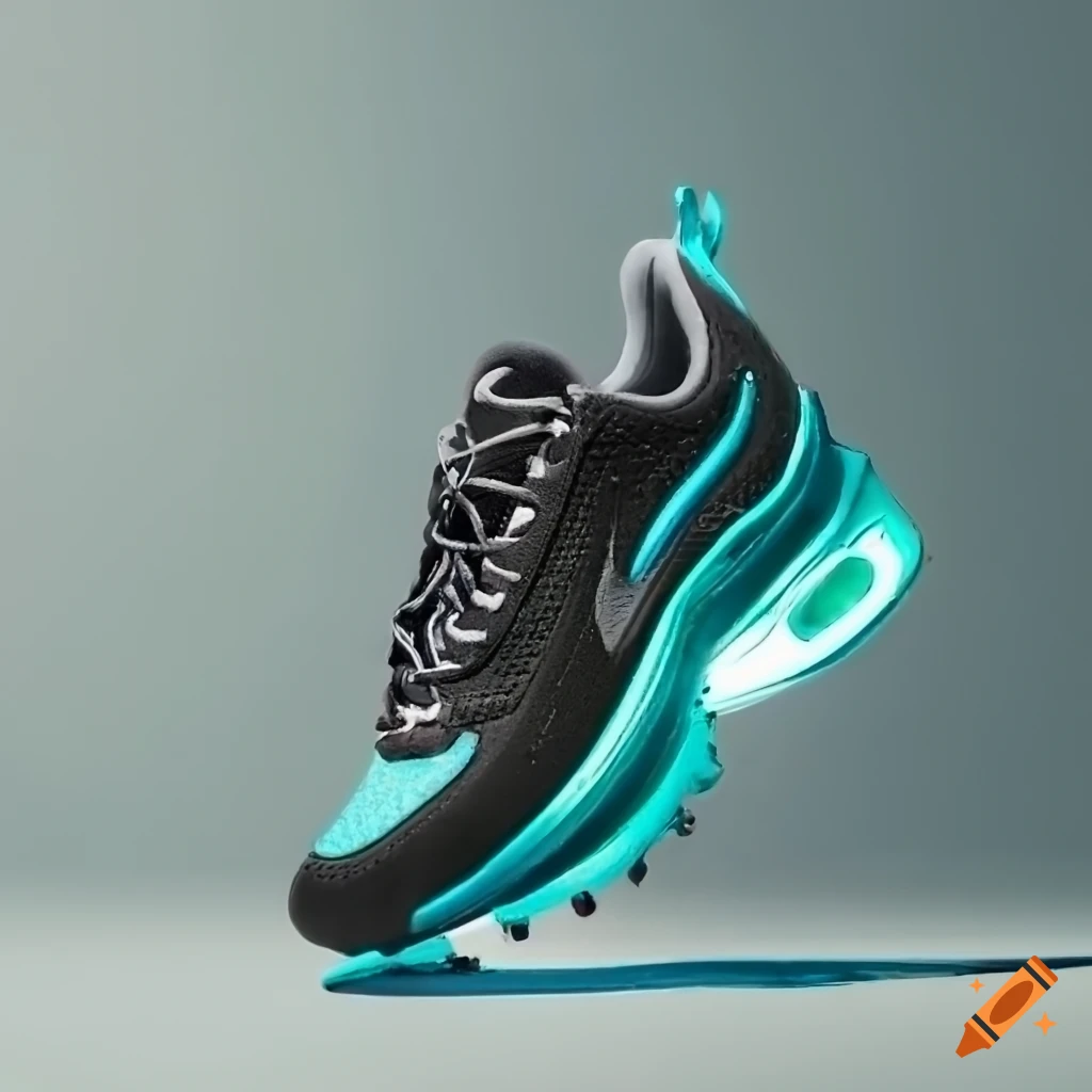 Cyan and black air max sneakers on rotating white base on Craiyon