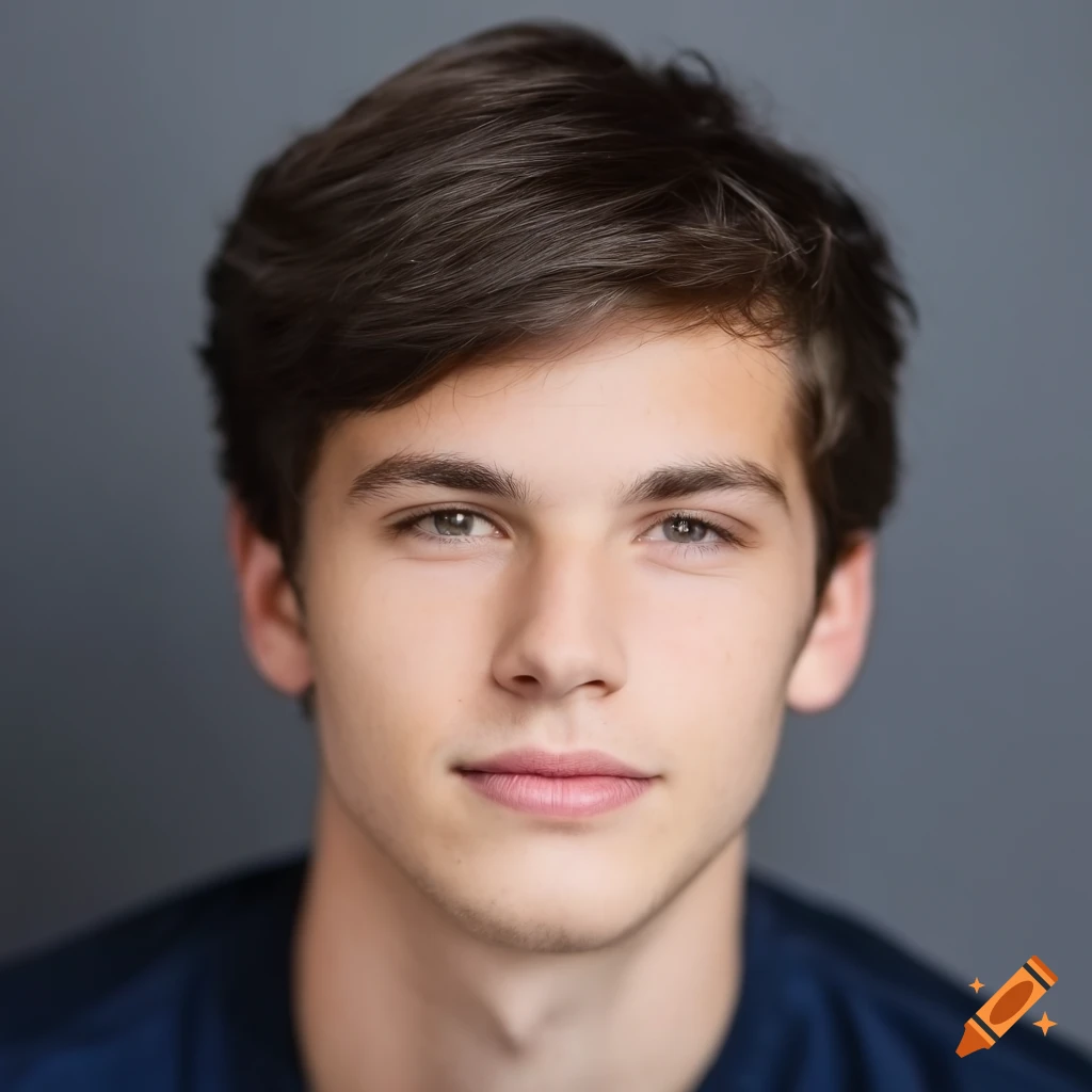 Headshot of a serious young man with dark brown hair and light blue ...