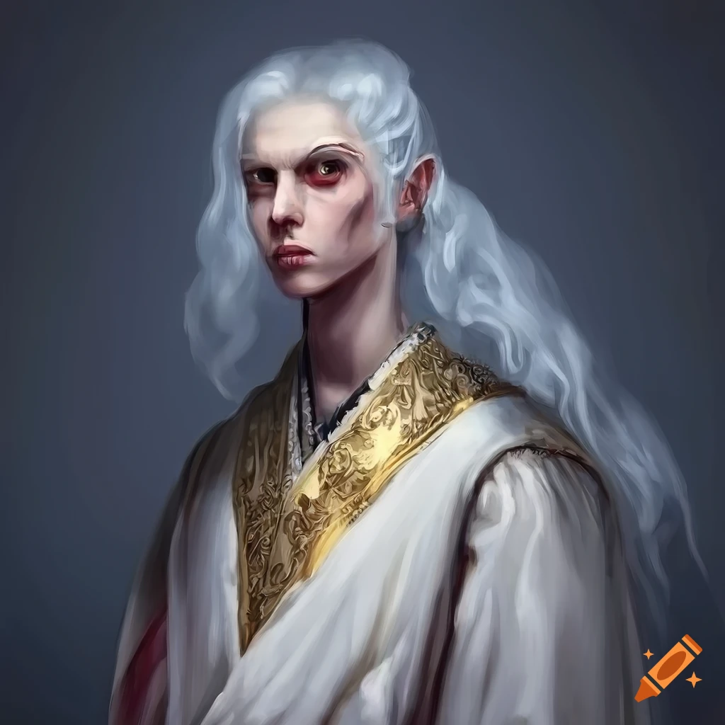 Portrait of an androgynous person in ornate white emperor robes with ...