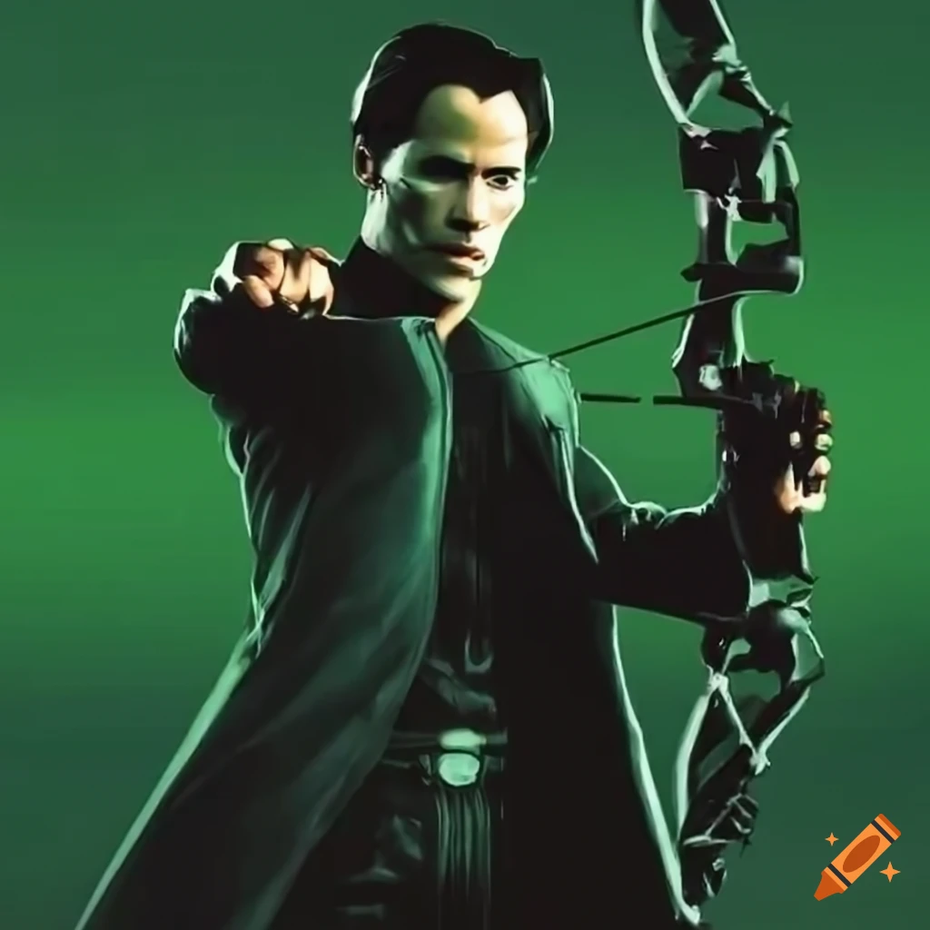 Neo from matrix aiming with a bow on Craiyon