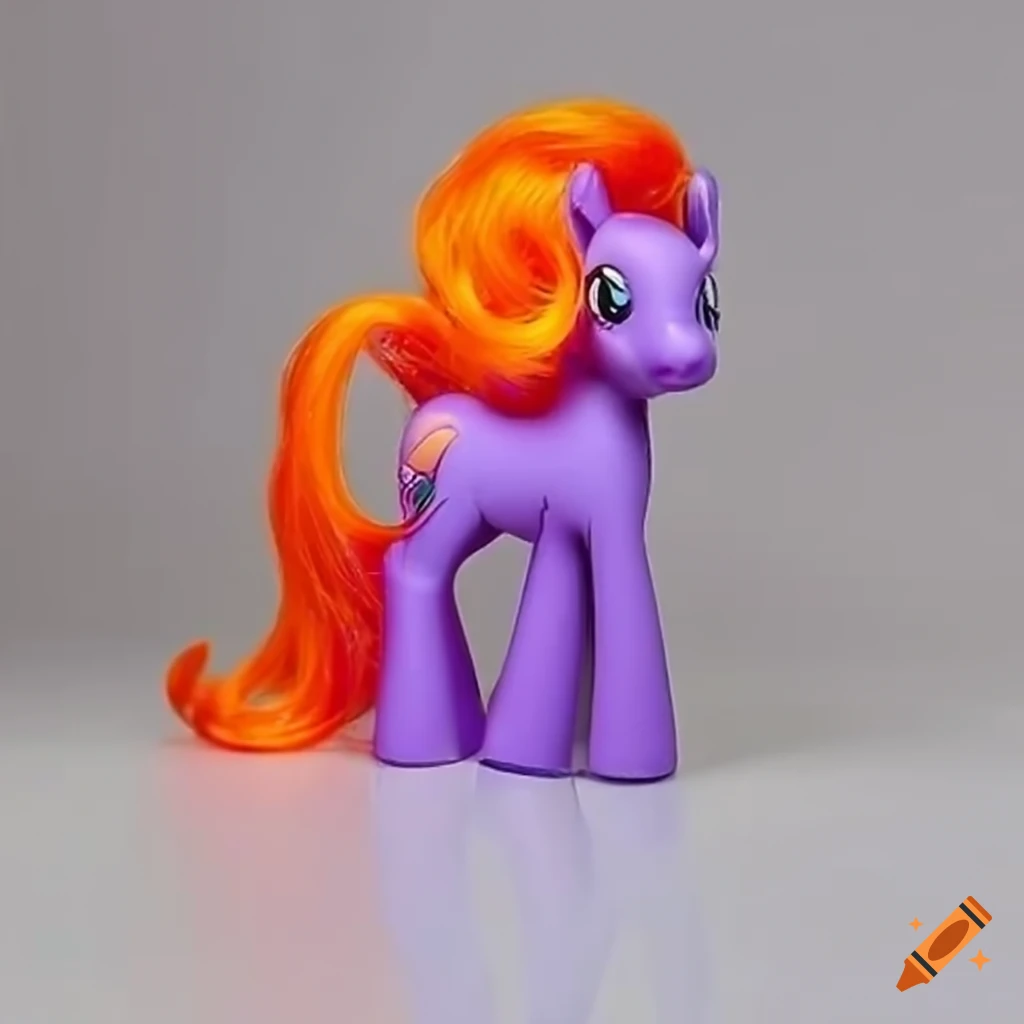 Orange my little pony figure with purple hair on a table on Craiyon
