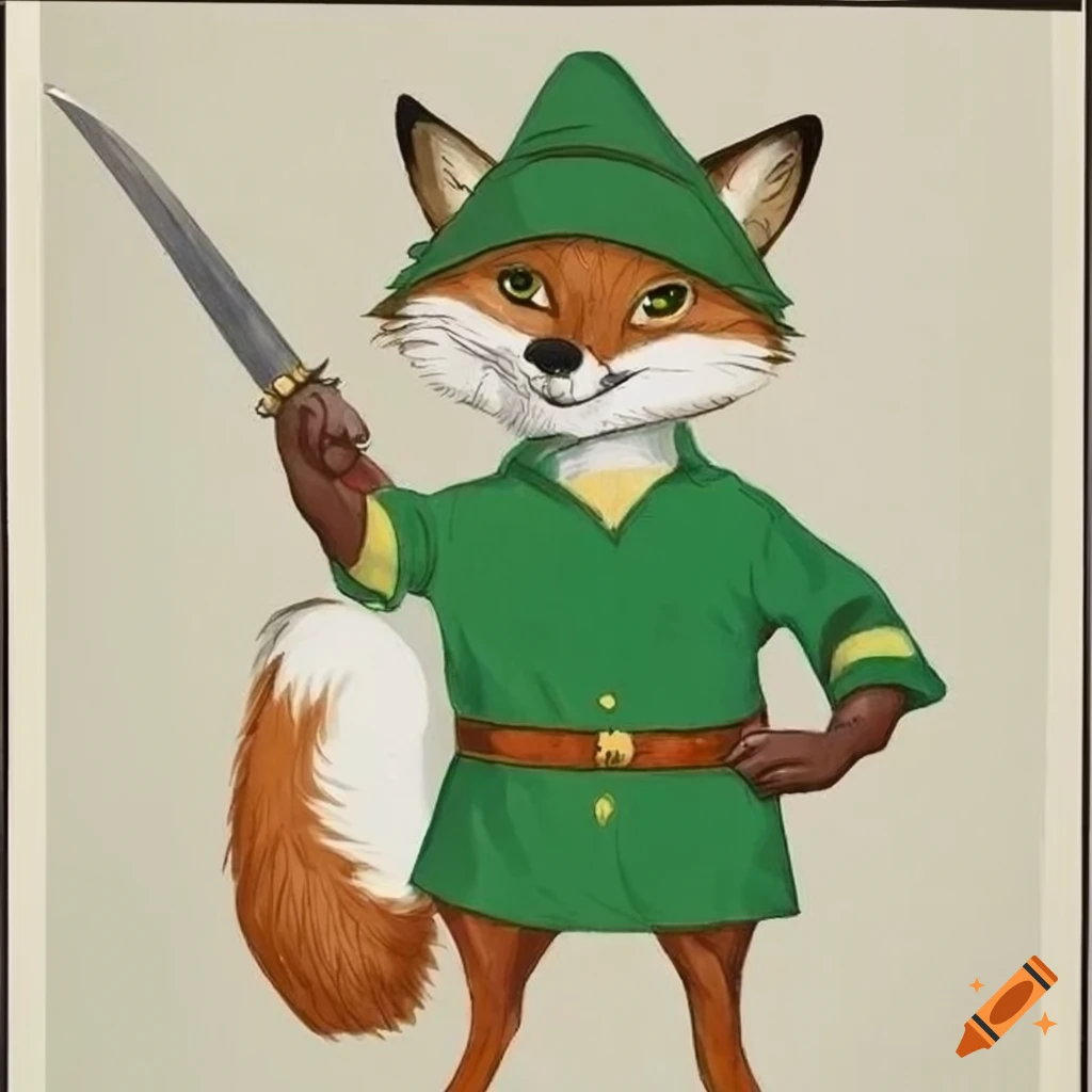 Anthropomorphic fox in green tunic with small sword raised on Craiyon