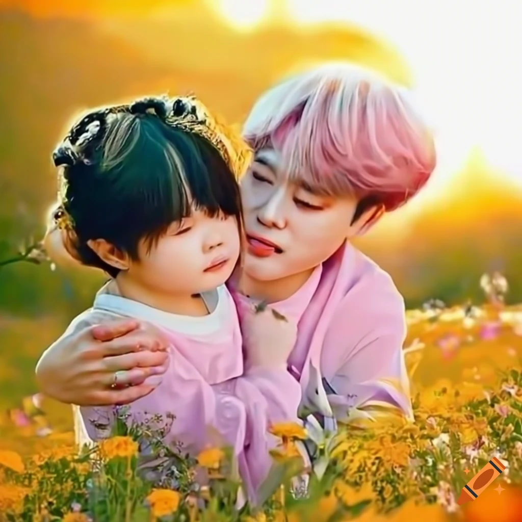 Park jimin with daughter in a flower field on Craiyon