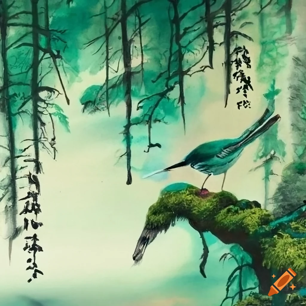 Chinese painting of bird on tree branch in forest landscape on Craiyon