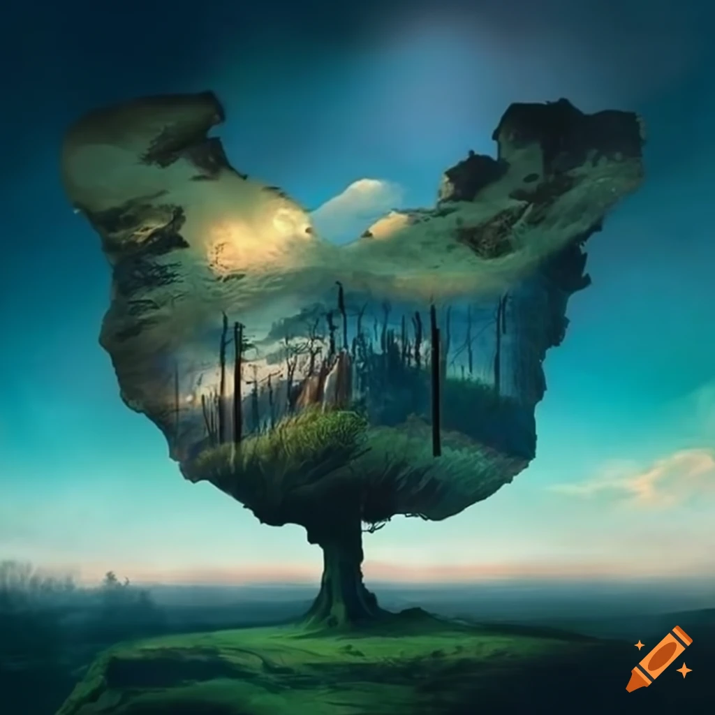 Absurdist depiction of a grand fantasy landscape with upside-down ...