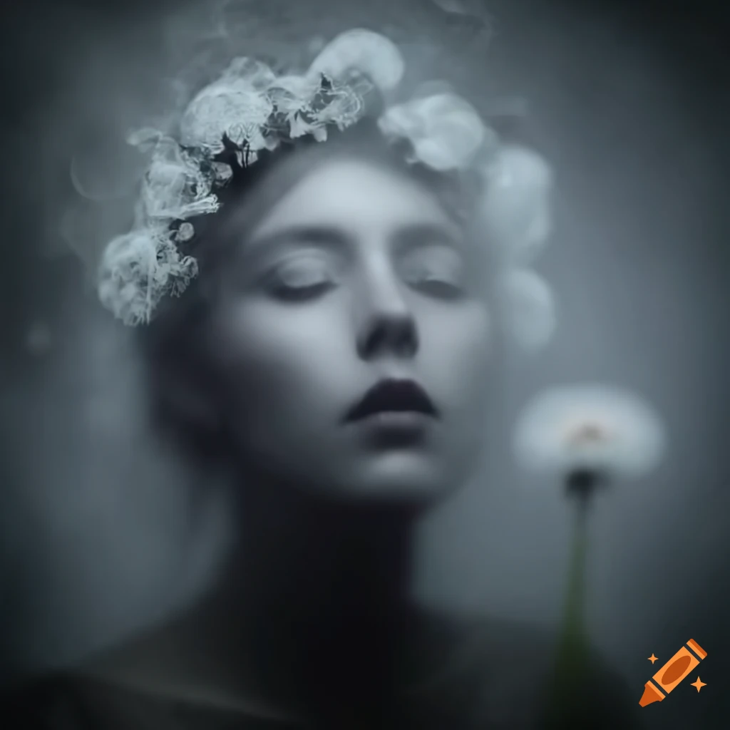 Abstract blurry art photography of a woman with closed eyes surrounded ...