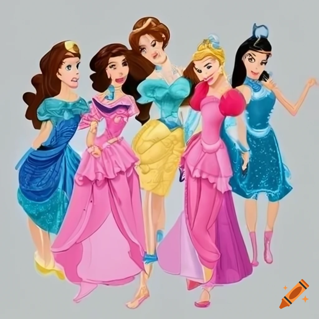 Group of disney princesses in fashion short outfits on a gray ...