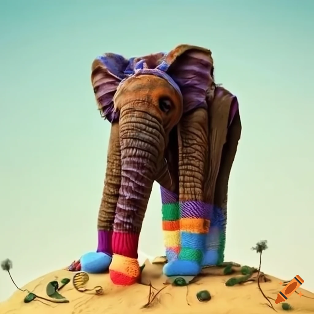 Surreal elephant sculptures made of socks and buttons on a hill on Craiyon