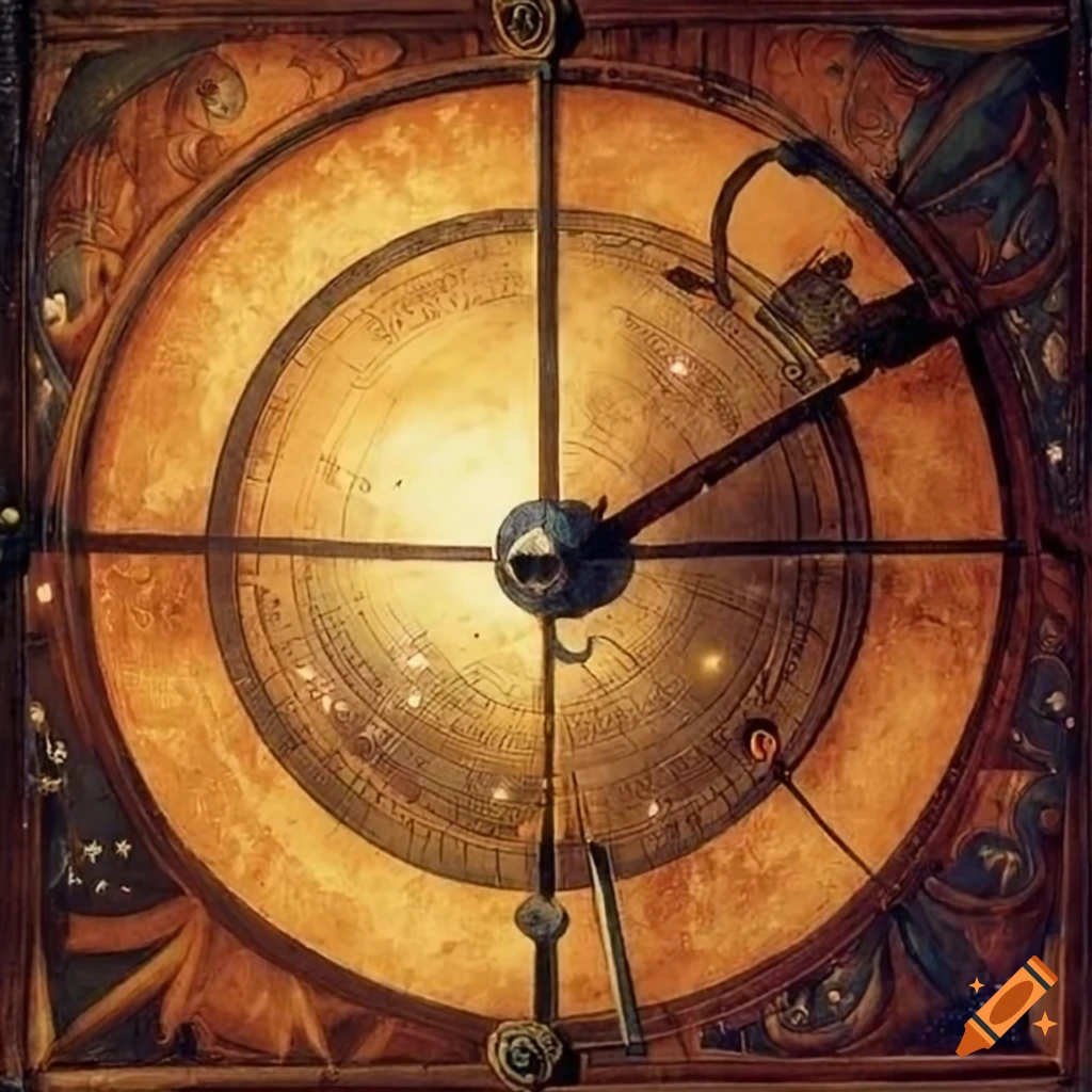 Detailed orrery in a medieval painting with stars in the distance by da ...