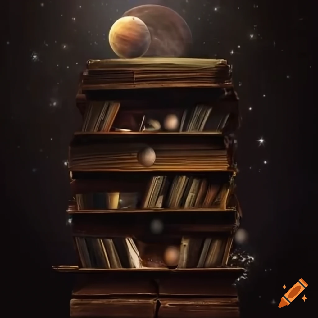 Space with stars and planets and a vintage bookshelf with old books on ...
