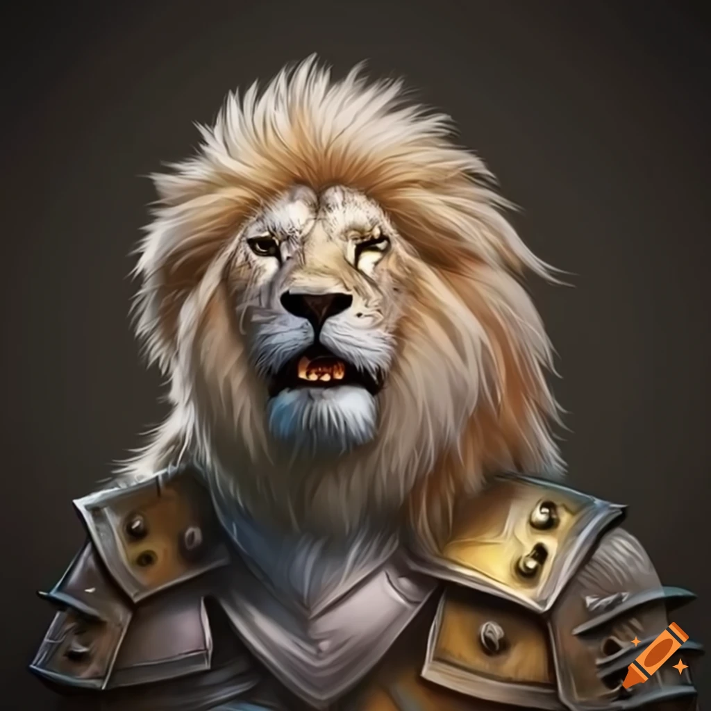 Furry warrior lion with white mane in metal armor on Craiyon